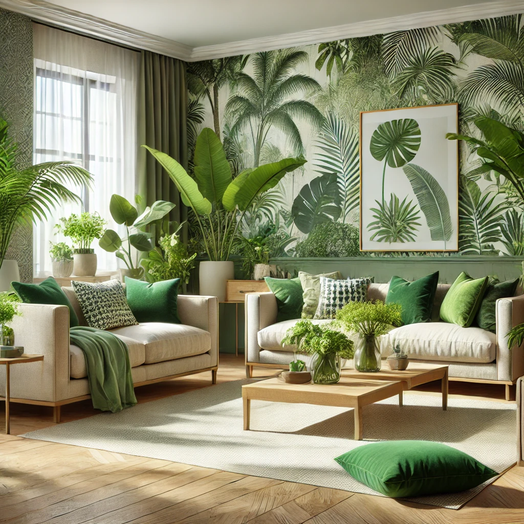 Tropical Living Room Design With Beige and Green Leafy Wallpaper - Home ...