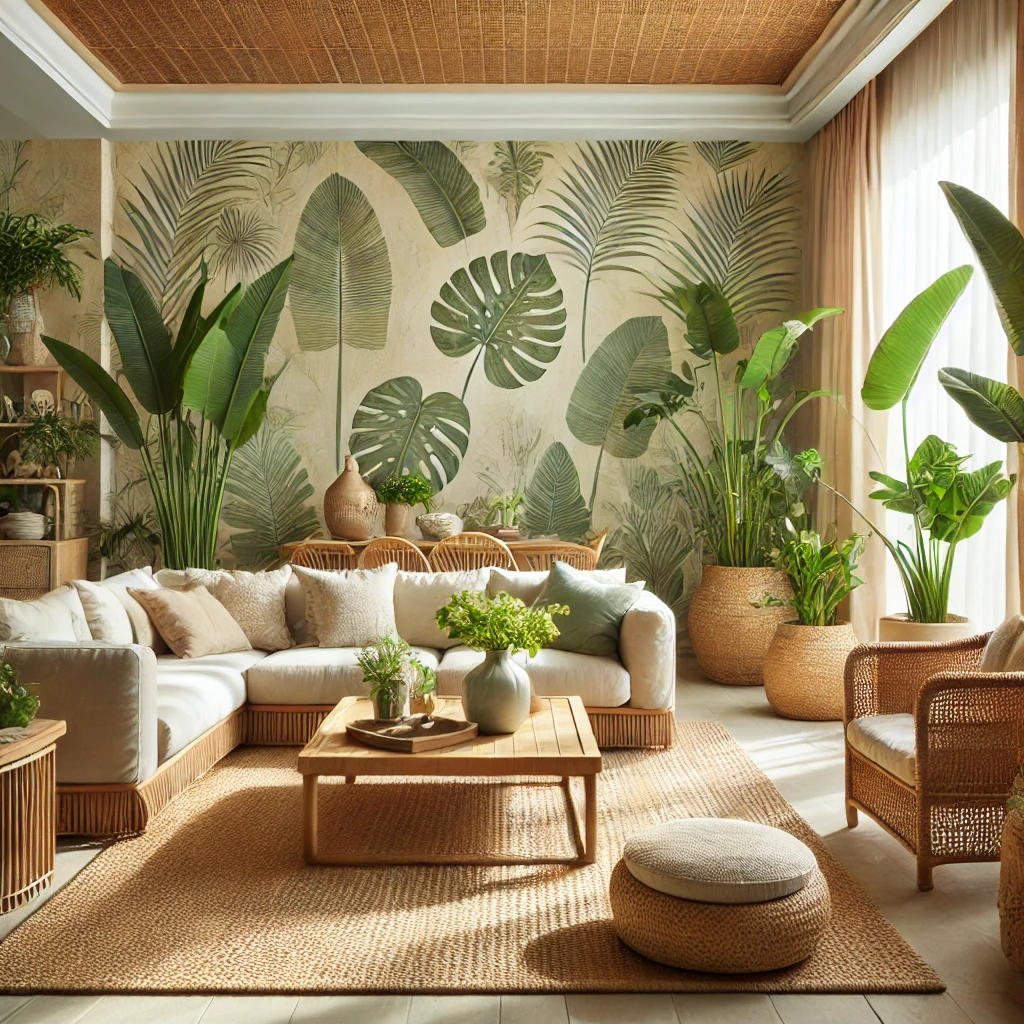 Tropical Living Room Design With Beige and Green Leafy Wallpaper - Home ...