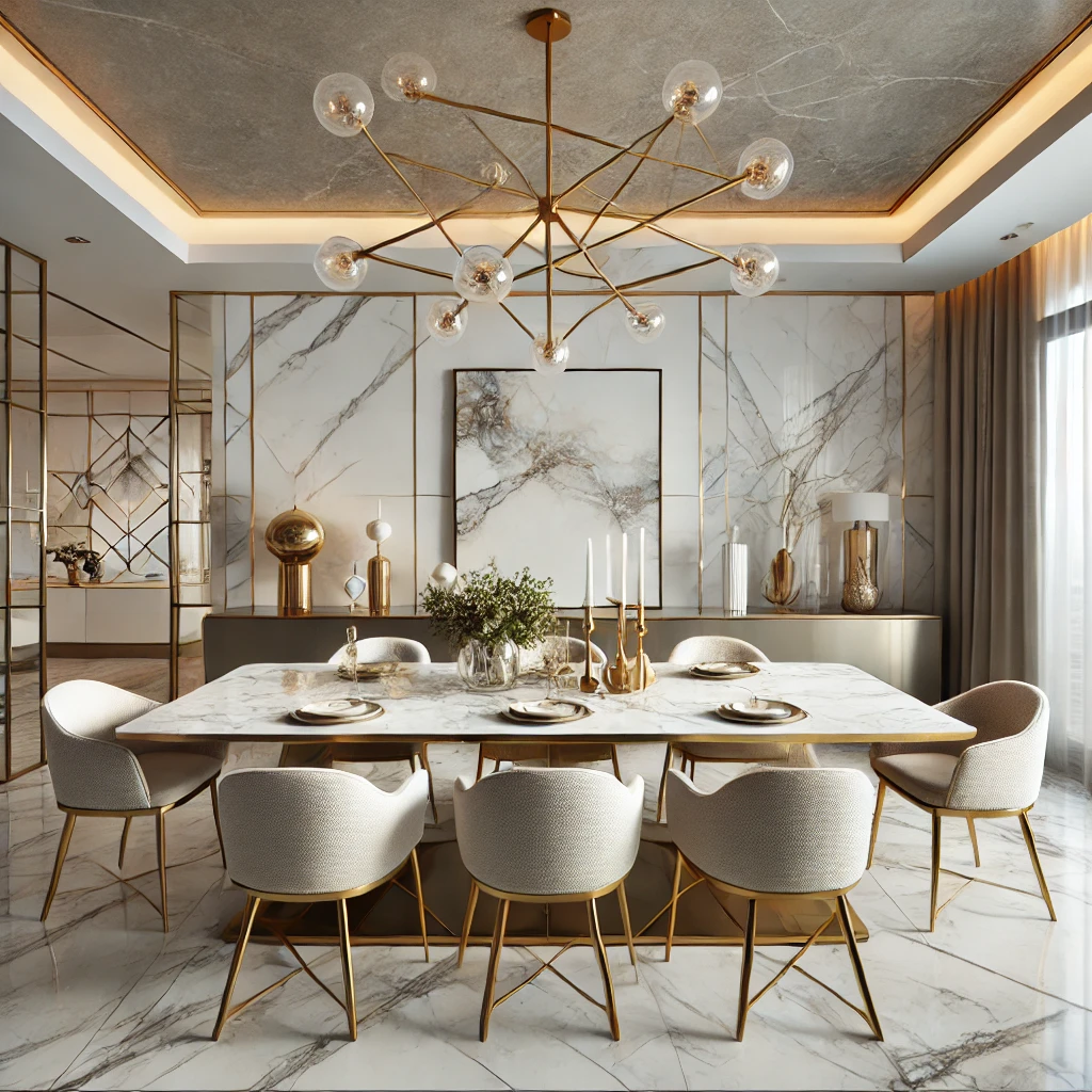 Modern Dining Room Design With Marble And Gold Touches