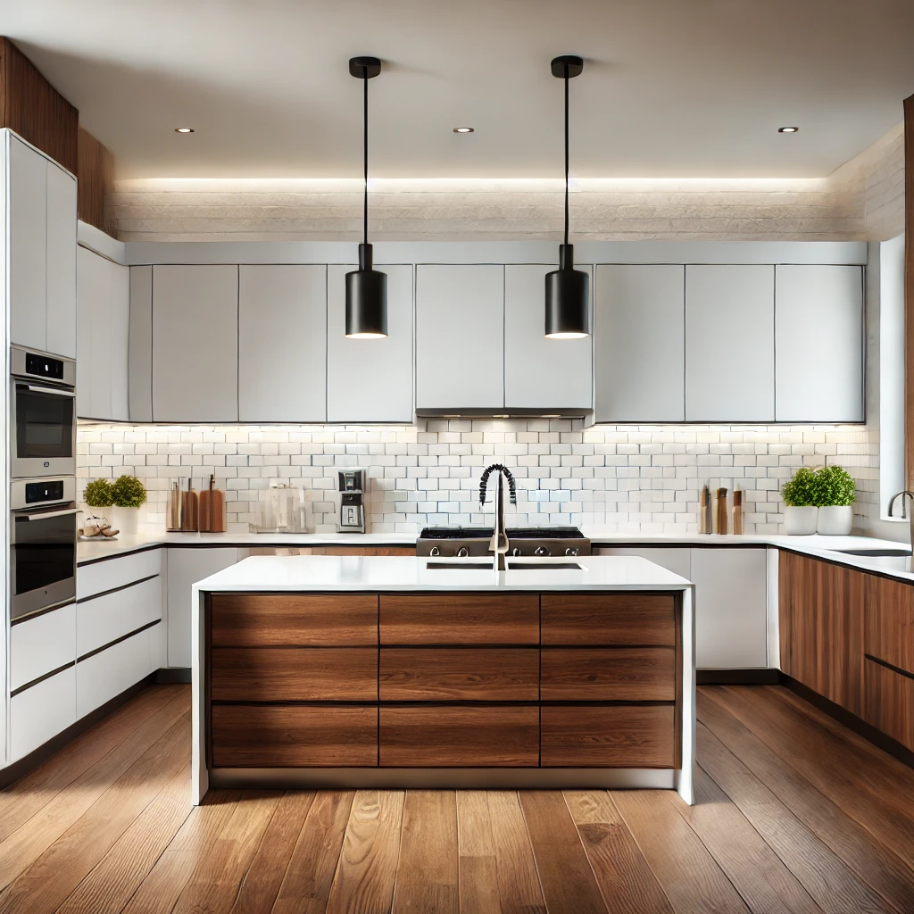 White and Walnut Contemporary L-Shaped Kitchen Design - Home Makers Interior Designers And ...